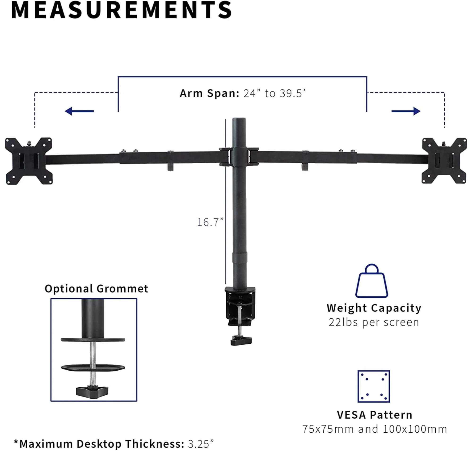 Dual Monitor Desk Arm | 13-27" | 9kg Capacity | Tilt, Swivel, Clamp ...